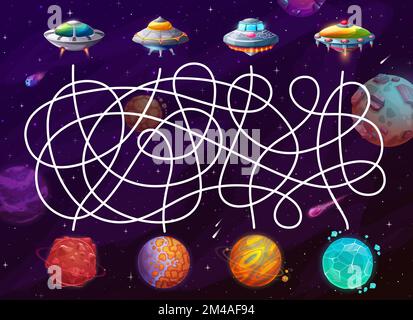 Labyrinth maze help to ufo find his space planet. Kids vector worksheet ...