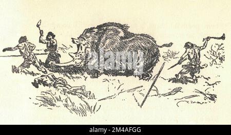 Prehistoric people hunt a giant prehistoric rhinoceros. A depiction of ...