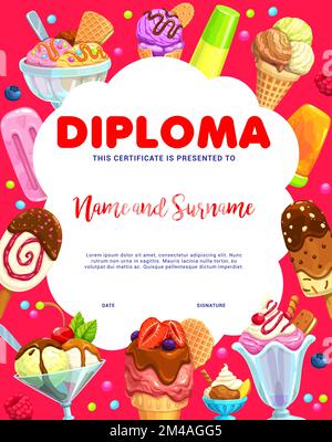 Kids diploma with cartoon ice cream characters. Vector award frame ...