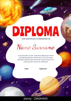 Kids astronaut diploma. Galaxy space planets, UFO and stars. Elementary ...