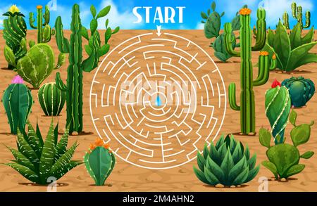 Labyrinth maze, mexican prickly cactus succulents kids game. Vector ...