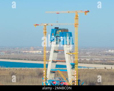 Aerial photos show the Yellow River Highway Bridge Expansion Project is ...