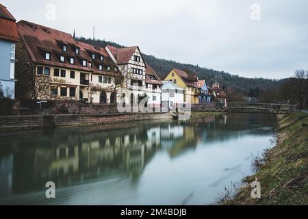 The view to Wertheim town through the Tauber River in Baden Wurttemberg ...