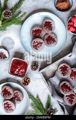 Delicious Christmas cocoa linzer cookies with raspberry jam Stock Photo ...