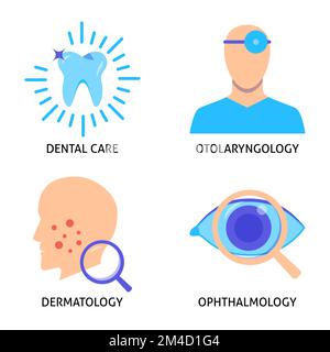 Medical specializations icon set in flat style. Cardiology, neurology ...