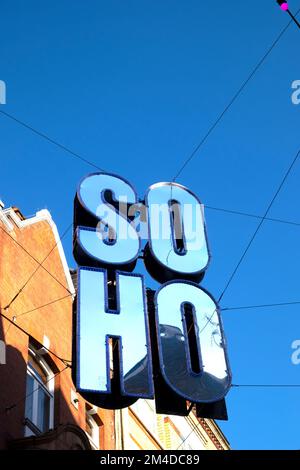 Giant Soho sign blue letters against blue sky copyspace copy space near ...