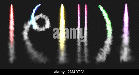 Realistic colorful space rocket trails. Festive fireworks launch. Fire ...