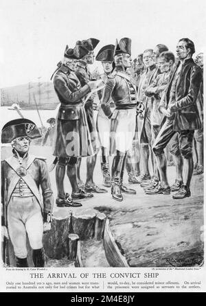 Halftone of the arrival of a convict ship in an Australian penal colony, from an educational ...