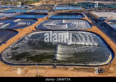 Aerial view of the prawn farm with aerator pump in front of Ninh Phuoc ...