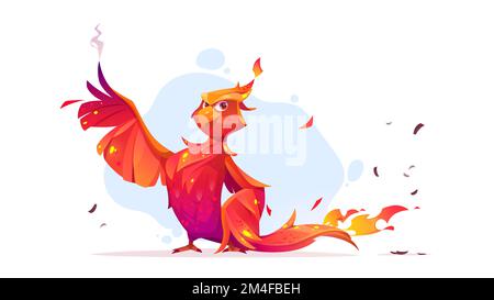 Cute phoenix character with orange burning feathers and fire. Vector ...