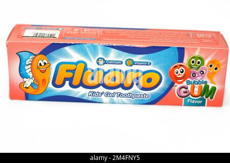 Cairo, Egypt, December 11 2022: Fluoro Kids' gel toothpaste with bubble ...
