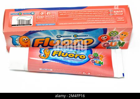 Cairo, Egypt, December 11 2022: Fluoro Kids' gel toothpaste with bubble ...