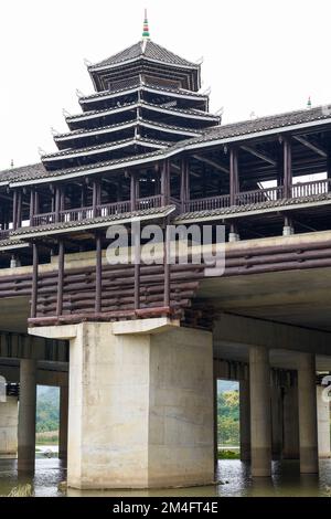 Close-up of Wind and Rain Bridge, a traditional wooden building in ...