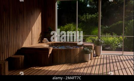 Beautiful and luxury Onsen room in Japanese style with bath against the ...