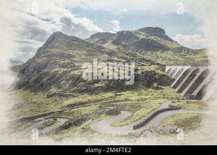 Snowdonia digital watercolor painting of Stwlan Dam and the Moelwyn mountains, Blaenau ...