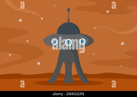 Alien stand on Mars surface with raised hand. Extraterrestrial ...