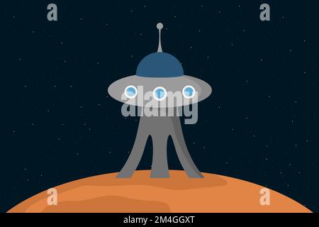 Alien stand on Mars surface with raised hand. Extraterrestrial ...