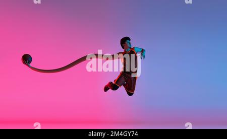 Creative artwork. Sportive man, basketball player in motion over red ...