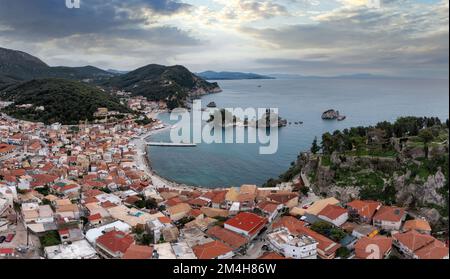 Parga city, Greece aerial drone view of Venetian Castle ruins, cloudy ...