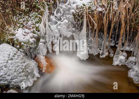 Ice formations, dusting of snow around a small stream, Greater Sudbury ...