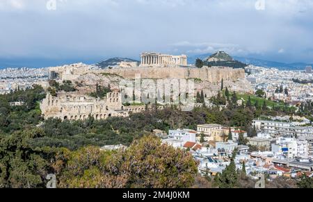View from Philopappos Hill over the city at sunset, panorama of the ...