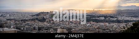 City panorama, evening mood, Parthenon temple, Acropolis, Athens ...