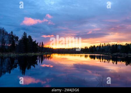Sunrise reflections in a beaver pond in early spring, Greater Sudbury ...