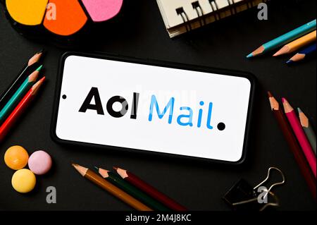 In this photo illustration an AOL Mail logo seen displayed on a ...