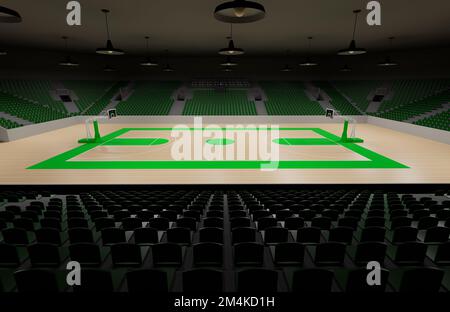 A neat empty basketball court with green seats and sidelines Stock ...