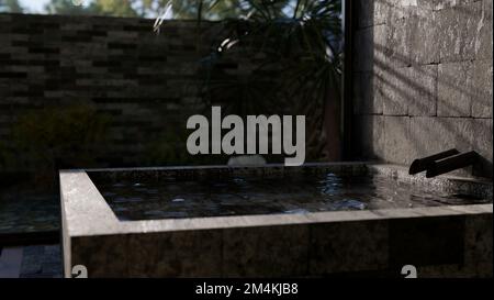 Japanese outdoor Onsen space exterior design with stone bath against ...