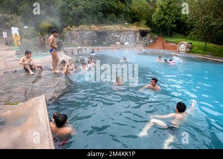 Bathers relax in a thermal pool at the Papallacta Hot Springs in ...