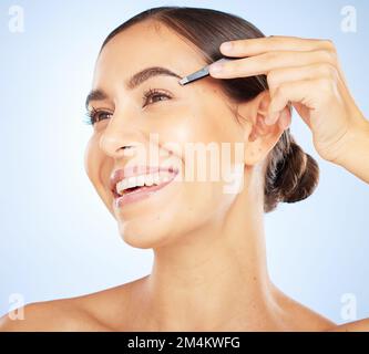 Woman, face and tweezer on eyebrow for skincare beauty, grooming or ...