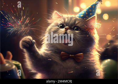 Funny smiling cat celebrating at festival event, party time concept ...