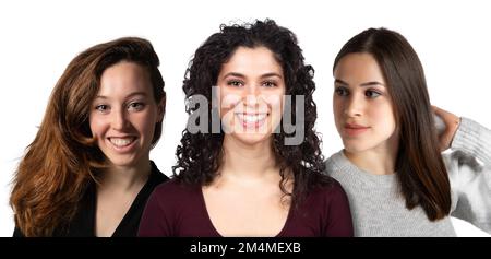Collage of group of three beautiful women over white isolated ...