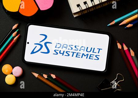 In this photo illustration, the Dassault Systemes SE logo is seen on a ...