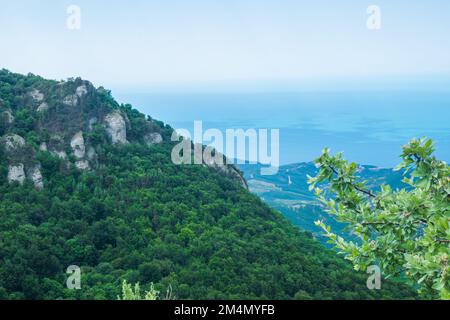 Large rock with green forest around Stock Photo - Alamy