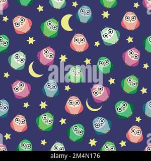 Cute multicolored owls at night with stars, clouds and moon. Seamless ...