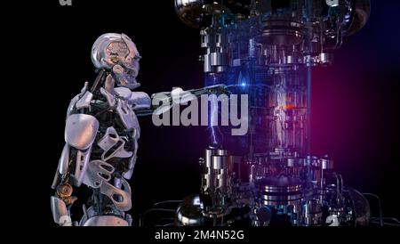 Robot cyborg android touching sensitive HUD sci fi display with futuristic user interface ...