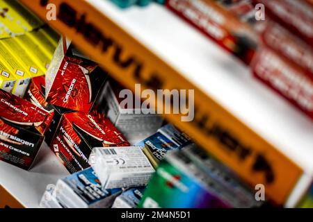 THE HAGUE - Category 1 fireworks on the shelves at a tobacco shop. This ...