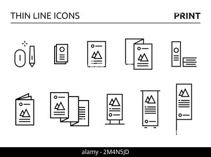 10 print element icons designed in thin line style, color version, can ...
