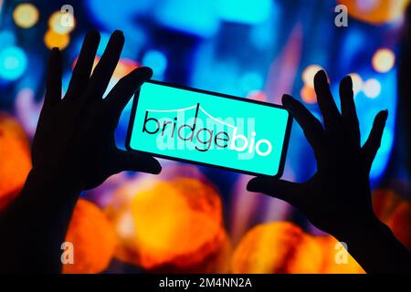 In this photo illustration, the BridgeBio Pharma logo is displayed on a ...