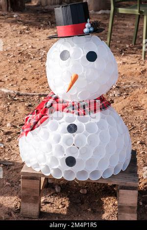An alternative snowman without snow, made with white plastic cups Stock ...