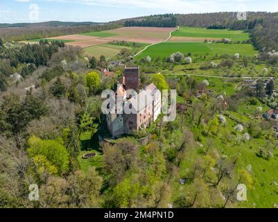 Aerial view, Gamburg Castle above Gamburg, Werbach, Tauber Valley ...