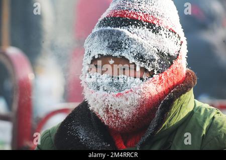 (FILE) Hats are frozen at minus 35 degrees Celsius in Yichun ...