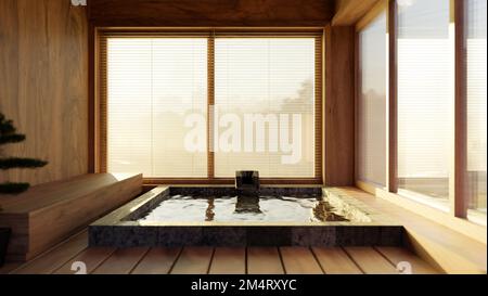 Beautiful natural Japanese Onsen spa with classic round wooden bath ...