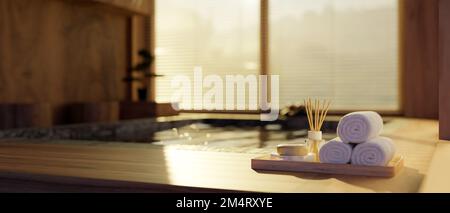 Beautiful natural Japanese Onsen spa with classic round wooden bath ...