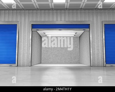 Self storage units with one open empty room. 3D illustration Stock ...