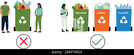 Sustainability illustration. Characters reducing food waste, buying ...