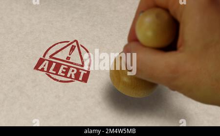 Alert stamp and stamping hand. Danger alarm, security warning caution ...