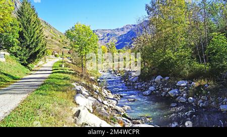 Garona River as it passes through Vielha, Valle de Aran, Lleida ...